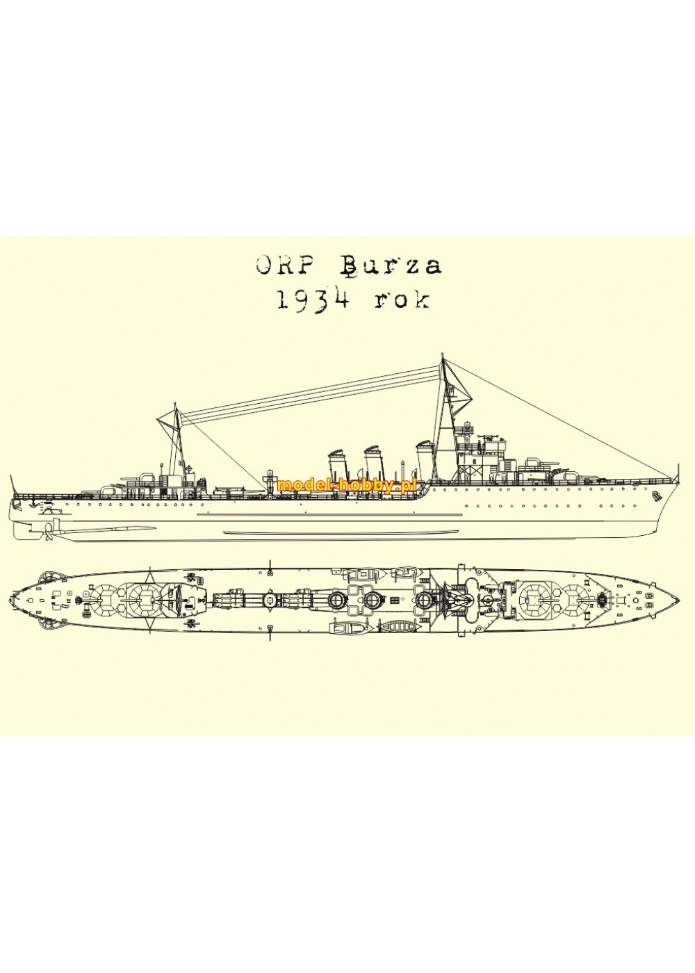 ORP Burza (1934 - 1939) i szkielet wycięty laserem