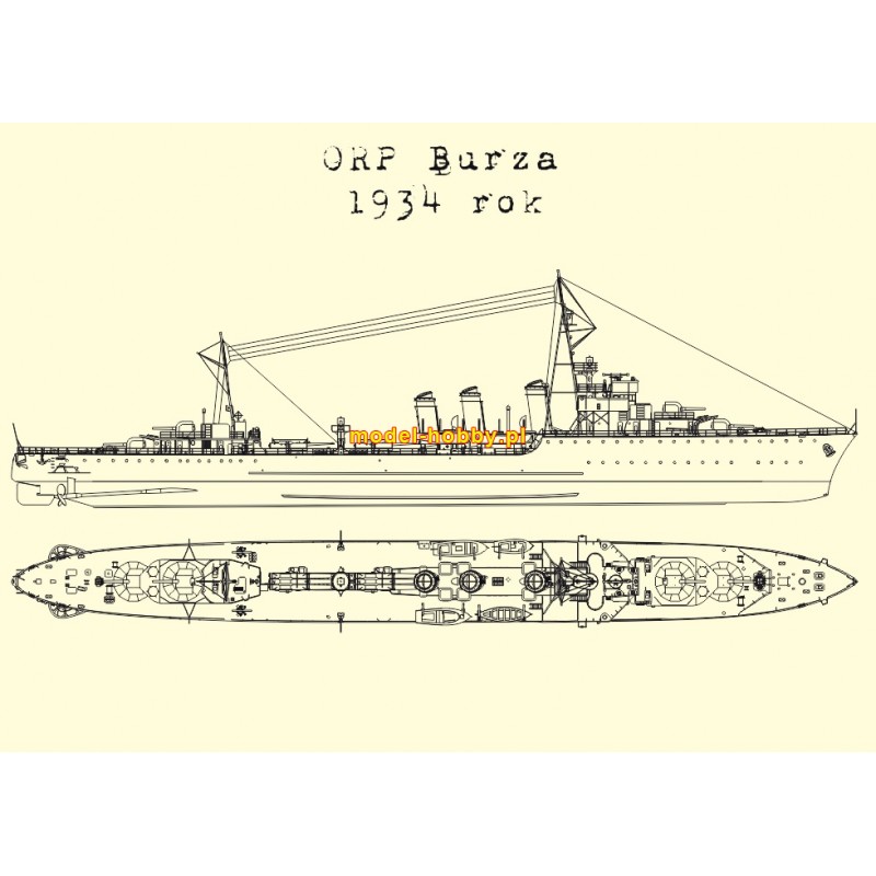 ORP Burza (1934 - 1939) i szkielet wycięty laserem